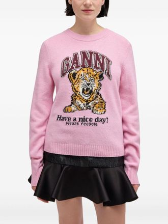 Ganni Tiger Graphic Wool Sweater - Pink