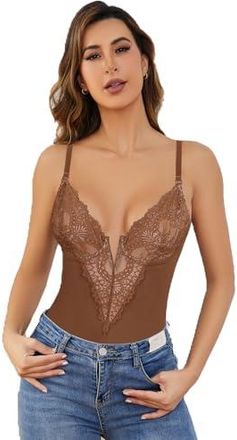 SHEKINI Bodysuit Sculptant Femme Amincissante Ventre avec Dentelle Body shaper Col profond en V Minceur Shapewear Contr&ocirc;le du Ventre String