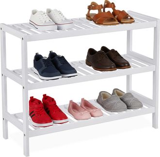 Relaxdays Schuhregal, HxBxT: 55 x 70 x 26 cm, Bambus, 3 Ebenen, für 9 Paar Schuhe, Schuhständer mit Gitterablagen, weiß