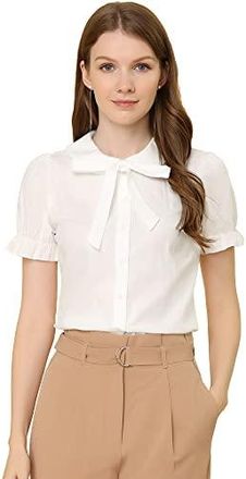 Allegra K Chemisier boutonn&eacute; en Coton &agrave; Manches Bouffantes et col Claudine pour Femmes Blanc XXL