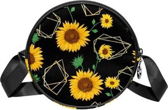 Generic Petit sac &agrave; bandouli&egrave;re rond pour femme, motif tournesol avec fermeture &eacute;clair, bretelles r&eacute;glables, style d&eacute;contract&eacute;, pour femmes et filles