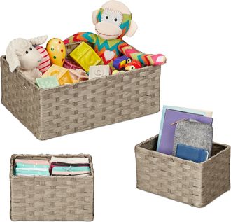 Relaxdays Aufbewahrungskorb geflochten, 3er Set, 2 Größen, Badezimmerkorb, Schrank & Regal, Papierseil, Dekokörbe, grau