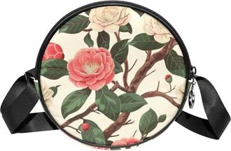 Generic Petit sac &agrave; bandouli&egrave;re rond pour femme, imprim&eacute; cam&eacute;lia, sac &agrave; dos avec fermeture &eacute;clair, bretelles r&eacute;glables, sac &agrave; main rond d&eacute;contract&eacute; pour femme