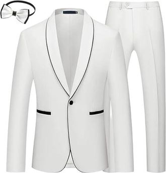 Generic Ensemble de costume 2 pi&egrave;ces pour homme avec blazer &agrave; revers ch&acirc;le et pantalon avec noeud papillon, blanc, 5XL