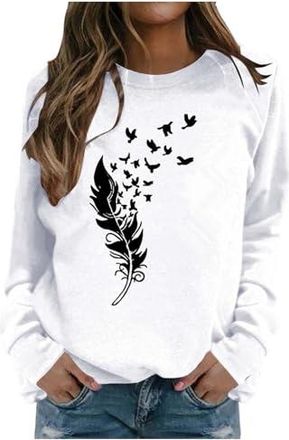 Generic 2026 Chandail en coton molletonné à manches longues pour femme avec imprimé plumes, blanc, XXL