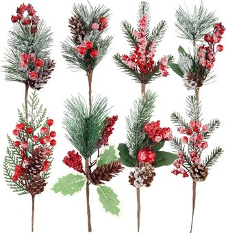 Chen Yu 8 St&uuml;ck K&uuml;nstliche Kiefernzweige Weihnachtsstrau&szlig; K&uuml;nstlich mit K&uuml;nstliche Kiefernzweige Rot Beeren und Tannenzapfen f&uuml;r Deko Tannenzweige Tischdeko H