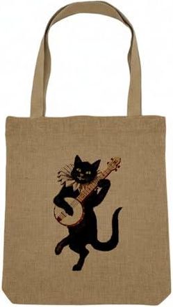 Fabulous Sac Shopping Tote Bag Aspect Lin - Chat Fou du Roi Illustration Mignon Banjo Musicien - Sac de Courses Toile Epaisse 360g Beige Naturel Cabas Port&eacute; Ep