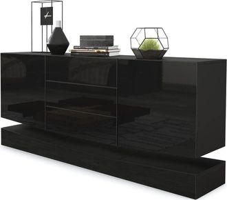Vladon Sideboard City, Made in Germany, Schwarz matt/Schwarz Hochglanz - Moderne Kommode f&uuml;r Ihr Wohnbereich (178 x 72 x 38 cm)