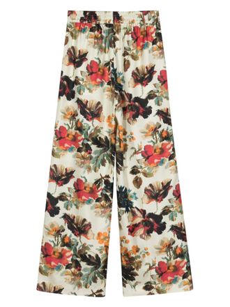 Alberto Biani Floral Printed Silk Trousers - Cream