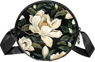 Generic Sac &agrave; bandouli&egrave;re circulaire pour femme, motif magnolias floral, petit sac &agrave; dos &agrave; bandouli&egrave;re avec fermeture &eacute;clair, bretelles r&eacute;glables, sac &agrave; main 