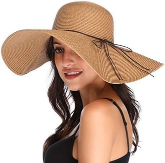 Dreshow Femme Capeline Chapeau de Paille Chapeau &agrave; Large Bord Casquettes Anti-Soleil Respirant Anti UV Chapeau de Paille Plage Chapeau de Soleil UPF,Taille un