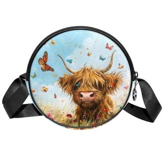 Generic Sac &agrave; bandouli&egrave;re rond pour femme, motif papillon, vache, petit sac &agrave; bandouli&egrave;re avec fermeture &eacute;clair, bretelles r&eacute;glables, sac &agrave; main rond d&eacute;contra