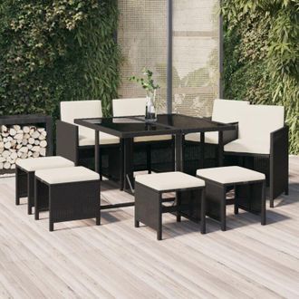 vidaXL 9-tlg. Garten-Essgruppe mit Kissen Poly Rattan Schwarz - Vidaxl