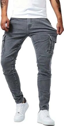 Generic Jean cargo pour homme coupe ajustée avec plusieurs poches utilitaires, pantalon extensible décontracté confortable à porter au quotidien, gris, 3XL