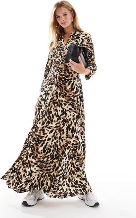 Vero Moda Y.A.S - Robe chemise longue &agrave; imprim&eacute; l&eacute;opard - Noir-Multicolore