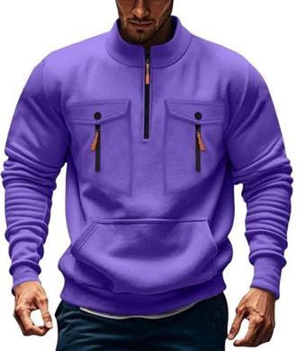 Generic Sweat-shirt sans capuche en polaire pour homme - Demi-fermeture &eacute;clair - Manches longues - Coupe droite - Confortable - T-shirt dext&eacute;rieur doux - Prin