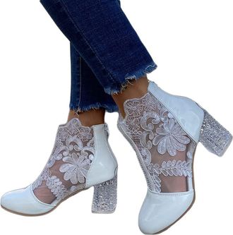 Minetom Stiefeletten Damen Pumps Schuhe Elegant Spitze Blumen Blockabsatz High Heels Mesh rutschfest Abend Party Stiefel B Weiß 39 EU