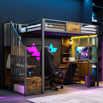 Generic Hochbett 90x200 Schwarz Metall Eckschreibtisch Kleiderstange LED Beleuchtung Multifunktionsbett Loft Bett f&uuml;r Schlafzimmer G&auml;stezimmer Erwachsene Inte