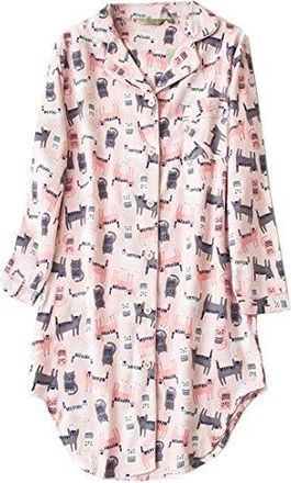 Mia Lucce Chemise de nuit pour femme avec flanelle, chemise de nuit avec boutonnière et plaid, chemise de nuit longue pour femme, Chat rose., XXL