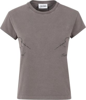 Jean Paul Gaultier Femme, Tops, Gris, Taille: 38 FR T-shirt court stretch en coton brod&eacute;