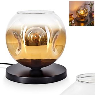 HOFSTEIN Tischleuchte Ripoll, Tischlampe aus Metall/Glas in Schwarz/Goldfarben/Klar, Leuchte im modernen Retro/Vintage-Design mit Schirm aus Glas (Ø 25cm) u. A