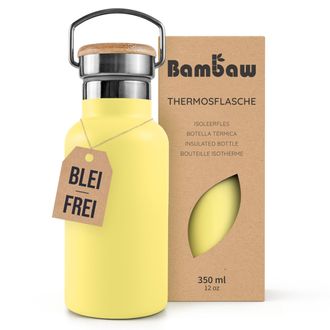 Bambaw Isolierflasche 350ml, Gelbe Trinkflasche, Edelstahl Trinkflasche, Thermotrinkflasche Kinder, Bambus, Trinkflasche Thermosflasche Kinder 350ml - Sonnen