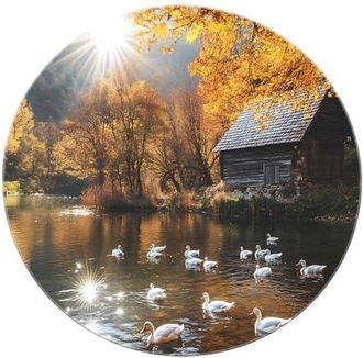 Generic Paysage Pastoral Tapis Rond Lacs Cygnes Chalets For&ecirc;ts Montagne Tapis pour Cuisine Salle &agrave; Manger Salon Chambre Lavable Paillasson Souple Antid&eacute;rapant