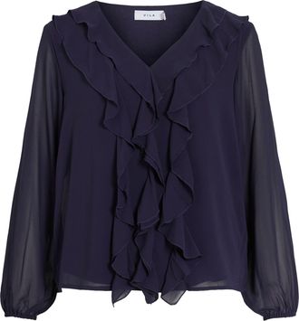Vila Viane L/S V-Neck Frill Top - Noos