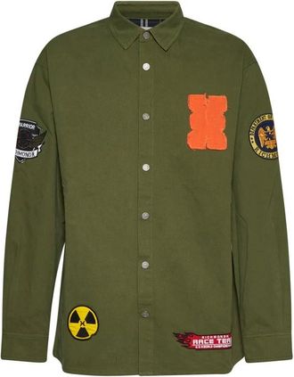 John Richmond Homme, Chemises, Vert, Taille: L Camicia patch applicate e design military-inspired