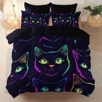 Generic Bettwäsche Set 150 x 200 cm, Weich Mikrofaser Bettbezug Einfach Neon Katze für Kinder Teenager und Erwachsene Schlafzimmer Dekoration, Schwarz Bequem 