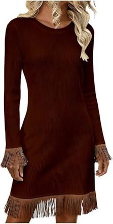 Generic Robe tunique d&eacute;contract&eacute;e en tricot &agrave; manches longues pour femme - Col rond - Ourlet &agrave; franges - Style boh&egrave;me - Pour le printemps et l&eacute;t&eacute;, bordeaux, L