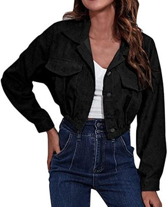 Generic Vestes pour femmes 2026 en velours c&ocirc;tel&eacute; &agrave; manches longues et &eacute;paules tombantes, Noir, XL