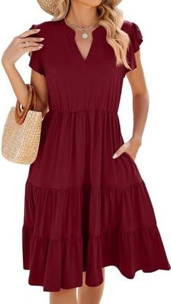 Generic Robe patchwork ample &agrave; manches courtes pour femme Printemps/&eacute;t&eacute; de couleur unie avec poches, Rouge, XXL