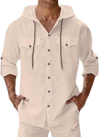Generic DENGJIAMY Chemises &agrave; capuche &agrave; manches longues pour homme en lin uni &agrave; manches longues d&eacute;contract&eacute;es boutonn&eacute;es chemises tendance v&ecirc;tements de vacance