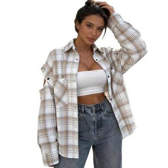 Generic DUHENWU Chemise &agrave; carreaux &agrave; manches longues pour femme - Chemise de loisirs boutonn&eacute;e - Coupe droite - D&eacute;contract&eacute;e - Col en V - Chemise daffaires - 