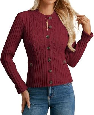 Grace Karin Veste en tricot pour femme hiver col rond avec boutons automne &eacute;pais blazer chemise &agrave; manches longues, rouge fonc&eacute;, L