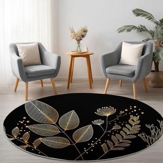 Generic Noir Tapis Rond Minimalist - 150 cm Lavable Doux et antid&eacute;rapant Tapis, &Eacute;l&eacute;gance Fleurs Feuilles Impression pour Chambre &agrave; Coucher Salon Vestibule ent