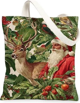 Generic Sacs fourre-tout en toile de No&euml;l, motif P&egrave;re No&euml;l et cerf vintage, r&eacute;utilisables, l&eacute;gers et lavables, vert, 13x15 Inch