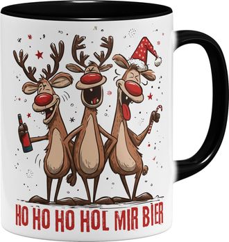 OM3 lustige Weihnachts Kaffee-Tasse mit Spruch - Ho Ho Ho Hol mir Bier - betrunkene Rentiere Christmas - Keramik Becher - 325ml - Beidseitig Bedruckt - Sc