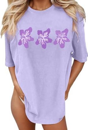 Generic T-shirt pour femme T-shirt Plage T-shirts graphiques surdimensionn&eacute;s pour femmes Baggy Chemises esth&eacute;tiques Hauts de vacances d&eacute;t&eacute;, Violet clair, XXL