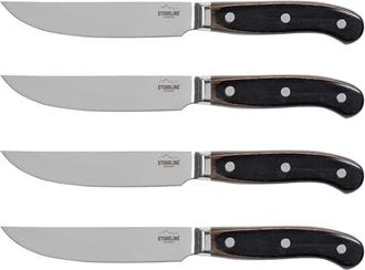 STONELINE Set de 4 Couteaux &agrave; Steak, Lame Ultra-Tranchante Acier Inoxydable, Manche en Bois Trois Rivets, El&eacute;gante Bo&icirc;te en Bois, Pierre &agrave; Aiguiser, Couverts &agrave; 