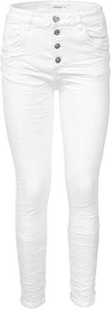 Jewelly Jean stretch pour femme 5 poches au look crash | Pantalon Boyfriend et boutonnière visible avec boutons décoratifs M/38 blanc, Blanc., 38