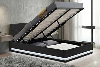 Concept Usine | Lit Double New York 140x190 cm en Simili Noir avec LED et Grand Coffre de Rangement Pratique | Design Moderne et &Eacute;l&eacute;gant | Sommier &agrave; Lattes | &Eacute;clair