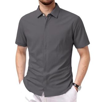 Generic Chemise en lin pour homme - Haut d&eacute;contract&eacute; intelligent pour les vacances tropicales - Chemise boutonn&eacute;e &agrave; manches courtes - Col rabattable - Haut de
