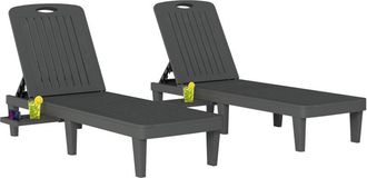 OUTSUNNY Lot de 2 chaises longues - Outsunny - dossier r&eacute;glable 5 positions - tablette lat&eacute;rale - plastique - gris