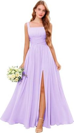 Generic Robe de demoiselle dhonneur en mousseline de soie plissée à col carré avec poches pour femme - Robe de soirée formelle trapèze avec fente, lilas, 56 G