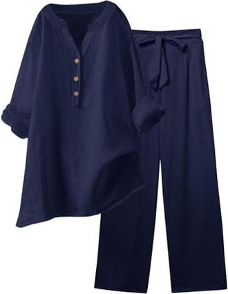 Generic Ensemble de 2 tenues en lin pour femme - Grande taille - T-shirt graphique &agrave; manches courtes et pantalon - Mocassins assortis - Taille 1, bleu marine,