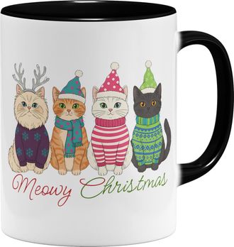 OM3 Meowy Christmas Kaffee-Tasse mit s&uuml;&szlig;en K&auml;tzchen - Weihnachtstasse 4 niedliche Katzen IV - Keramik Becher - 325ml - Beidseitig Bedruckt - Schwarz