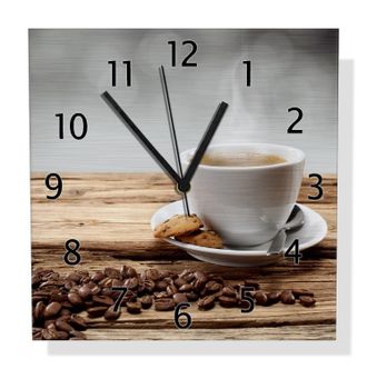 Wallario Design Wanduhr Heiße Tasse Kaffee mit Kaffeebohnen aus Aluverbund, Alu-Uhr Größe 30 x 30 cm, Schwarze Zeiger mit Metalloptik