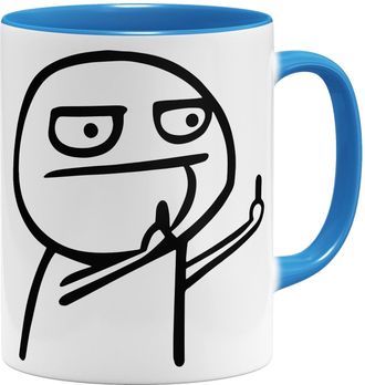 OM3 Internet Troll Flip Off Meme Kaffee-Tasse mit Mittelfinger - Keramik Becher - 325ml - Beidseitig Bedruckt - Hellblau